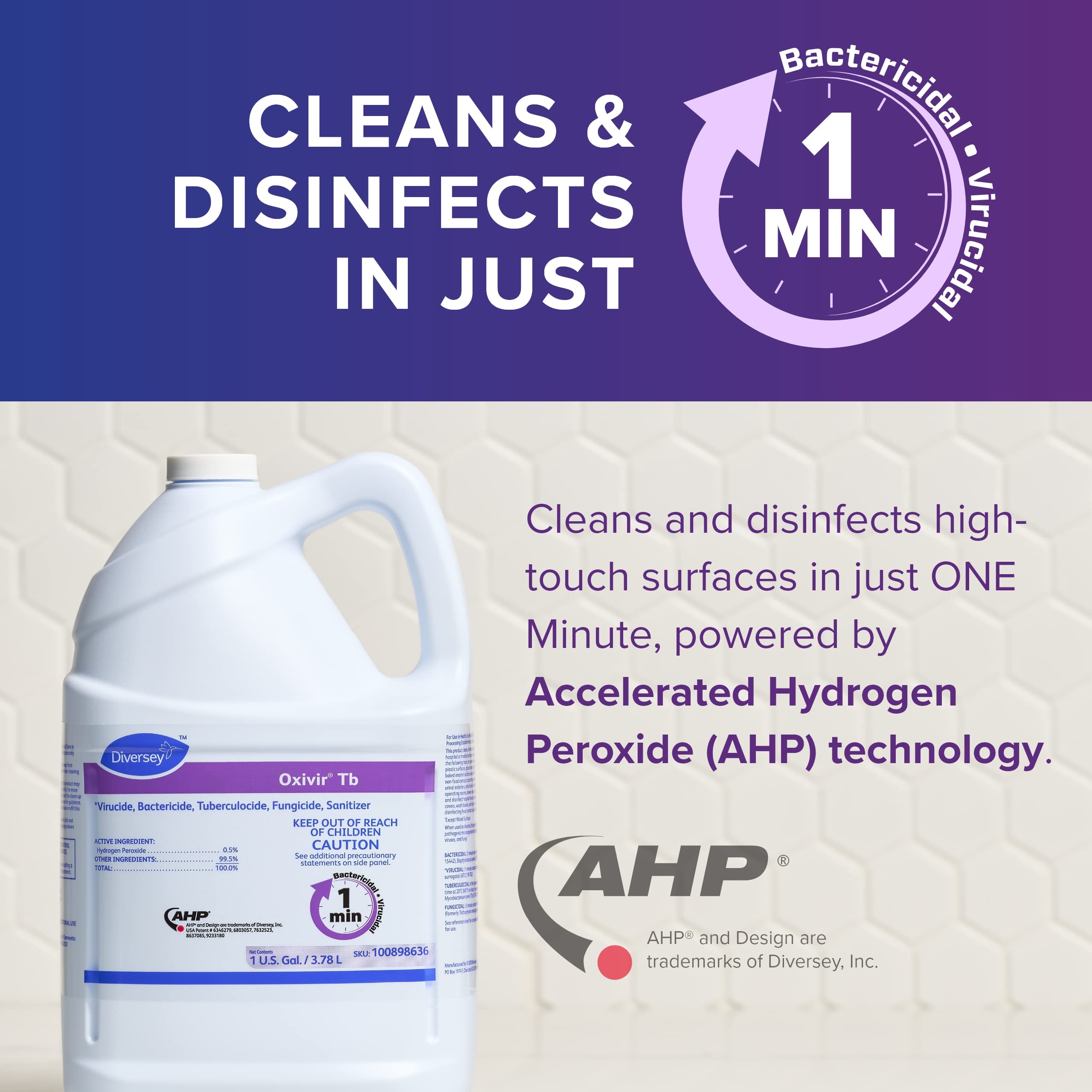 Oxivir Diversey 100898636 Tb One-Step Disinfectant Cleaner, Hospital Grade Accelerated Hydrogen Peroxide AHP, No Fragrance Added, Ready-to-Use Liquid, 1-Gallon