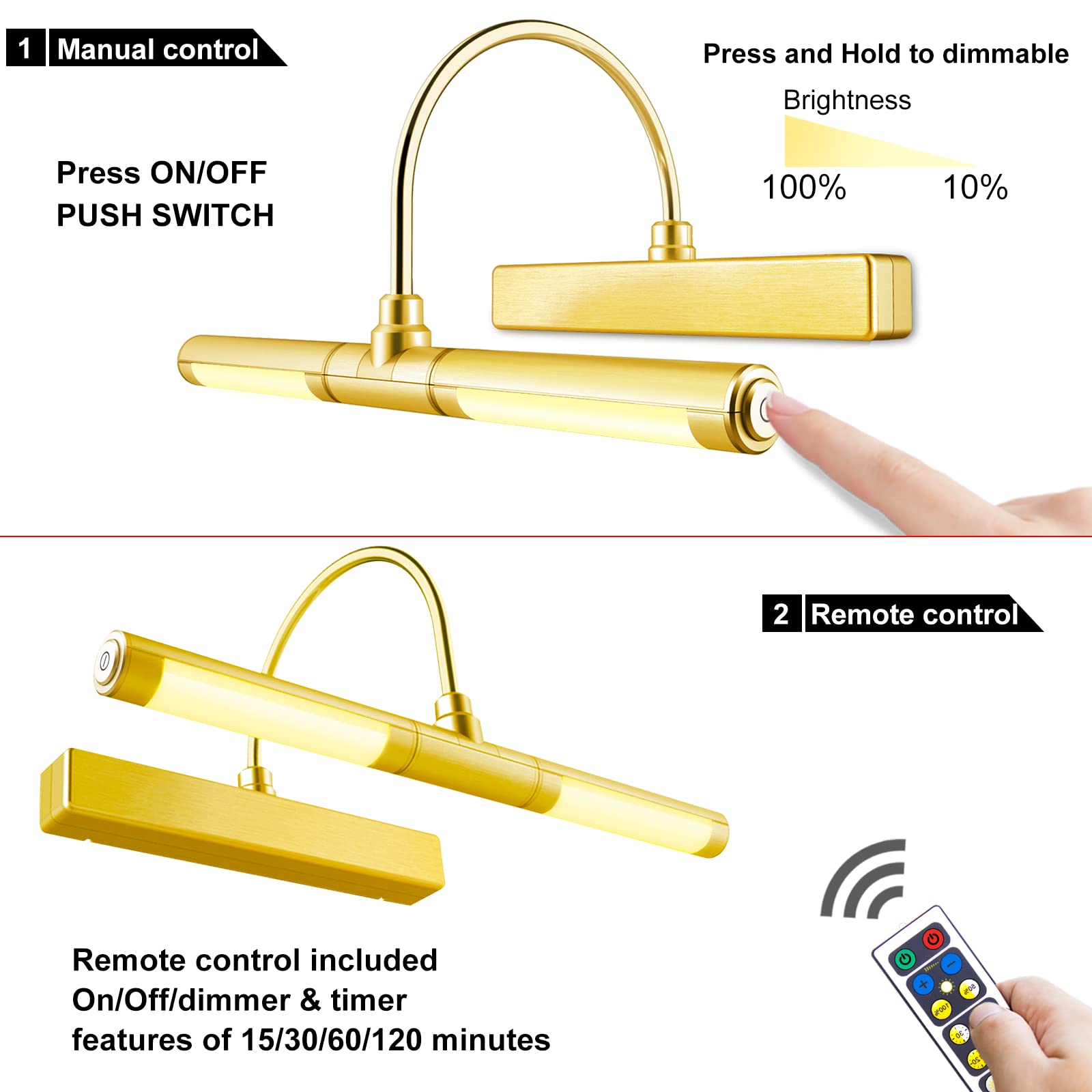 LUXSWAY Wireless Picture Light Battery Operated, Remote Control Painting Light with Rotatable Light Tube, Dimmable and Timer Off Art Display Light for Picture Frame Artworking Portrait -Orange Gold