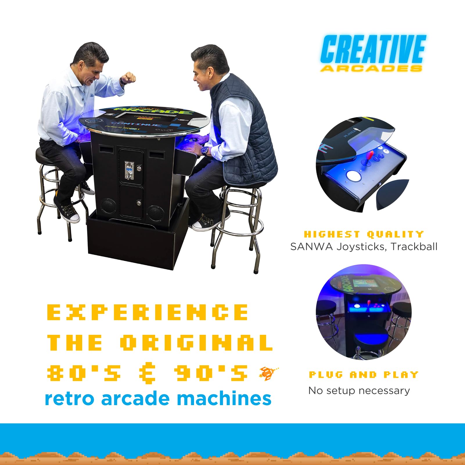 Creative Arcades Full Size Commercial Grade Cocktail Arcade Machine w/Base Riser | 2 Player | 60 Games | 22" LCD Screen | Round Glass Top | 2 Sanwa Joysticks | 2 Stools Included | 3 Year Warranty