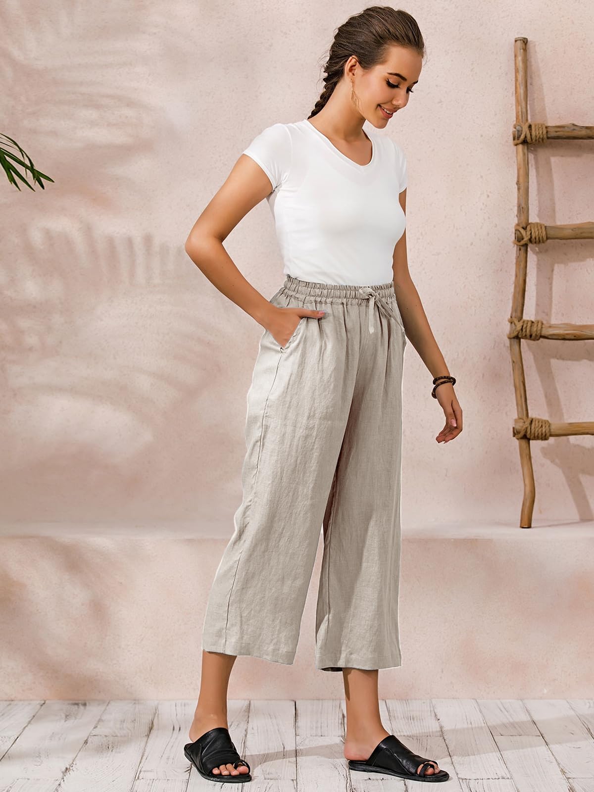 ECUPPER Womens Linen Cropped Pants Loose Casual Capri Cotton Wide Leg Plus Size Elastic Waist with Drawstring Trouses Natural XL