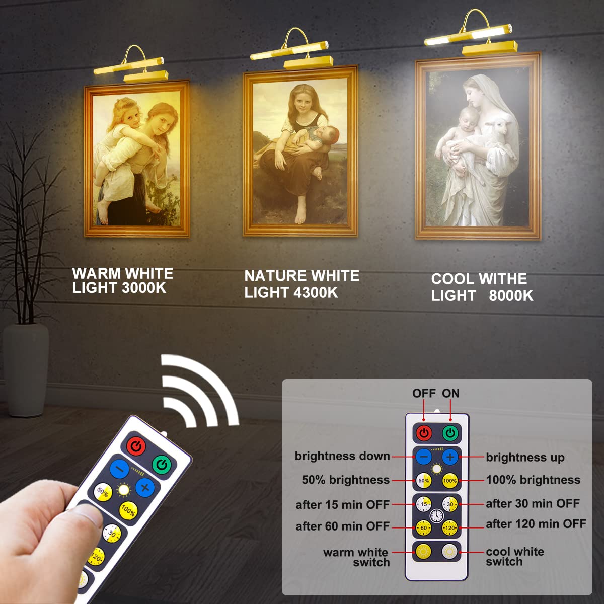 LUXSWAY Wireless Picture Light Battery Operated, Remote Control Painting Light with Rotatable Light Tube, Dimmable and Timer Off Art Display Light for Picture Frame Artworking Portrait -Orange Gold