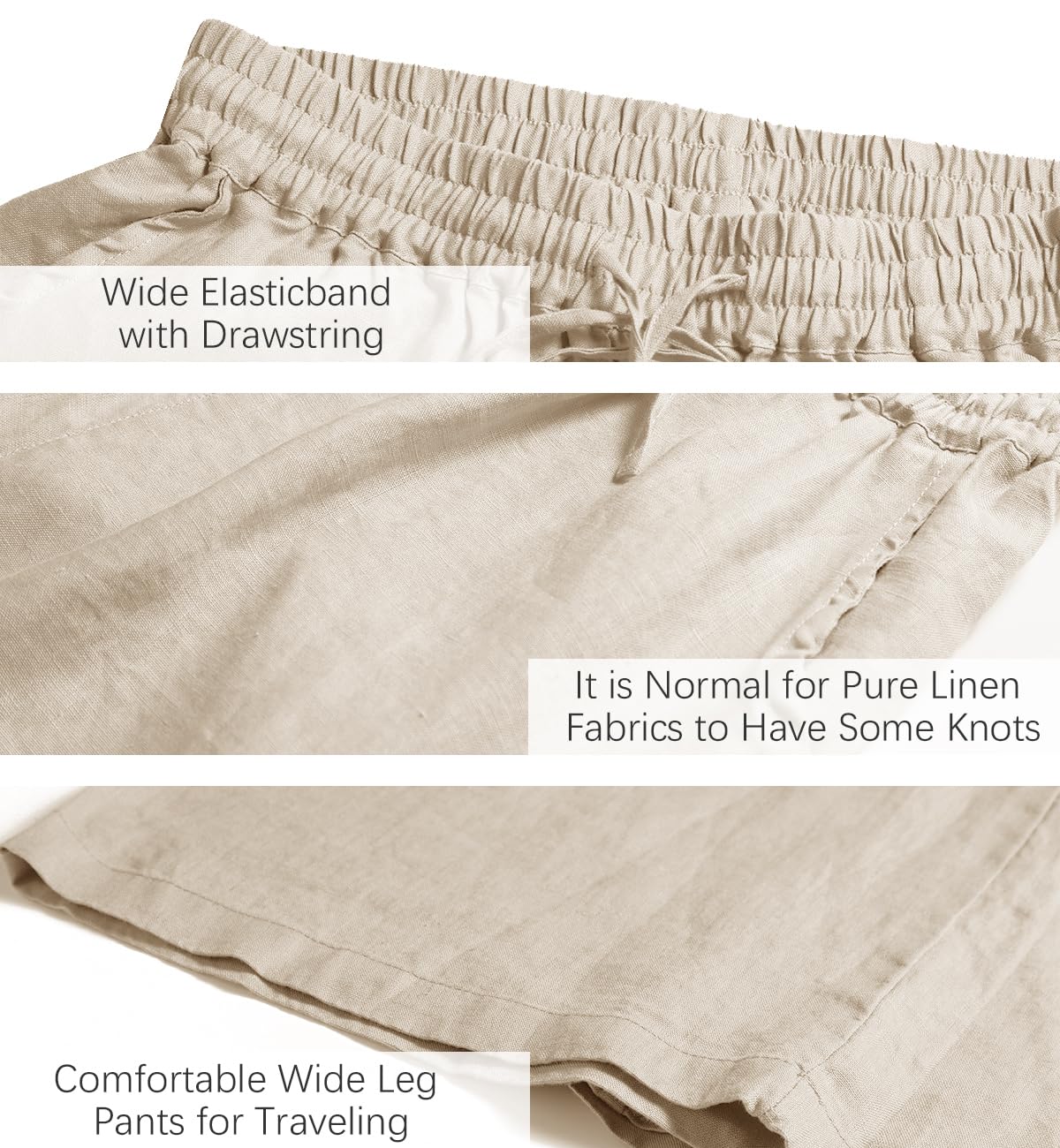 ECUPPER Womens Linen Cropped Pants Loose Casual Capri Cotton Wide Leg Plus Size Elastic Waist with Drawstring Trouses Natural XL