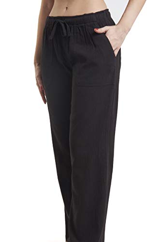 J CE Women's Cotton Gauze Low Waist Beach Pants with Pockets (Black, L)