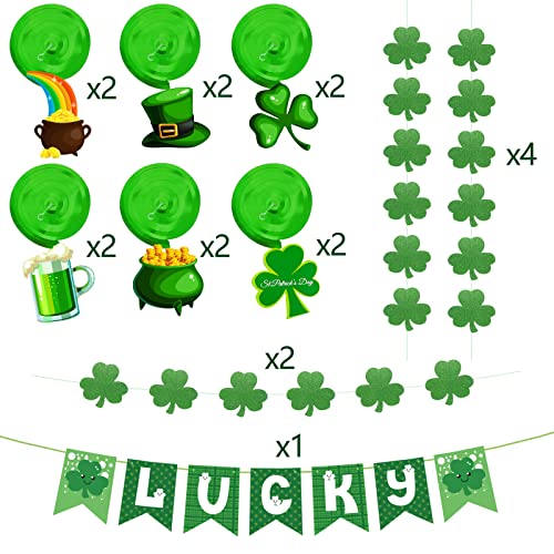 31Pcs St Patricks Day Decorations Pre-assembled Shamrock LUCKY Banner Garlands Clover Hanging Swirls Irish Decor for Home Saint Patrick Party Supplies