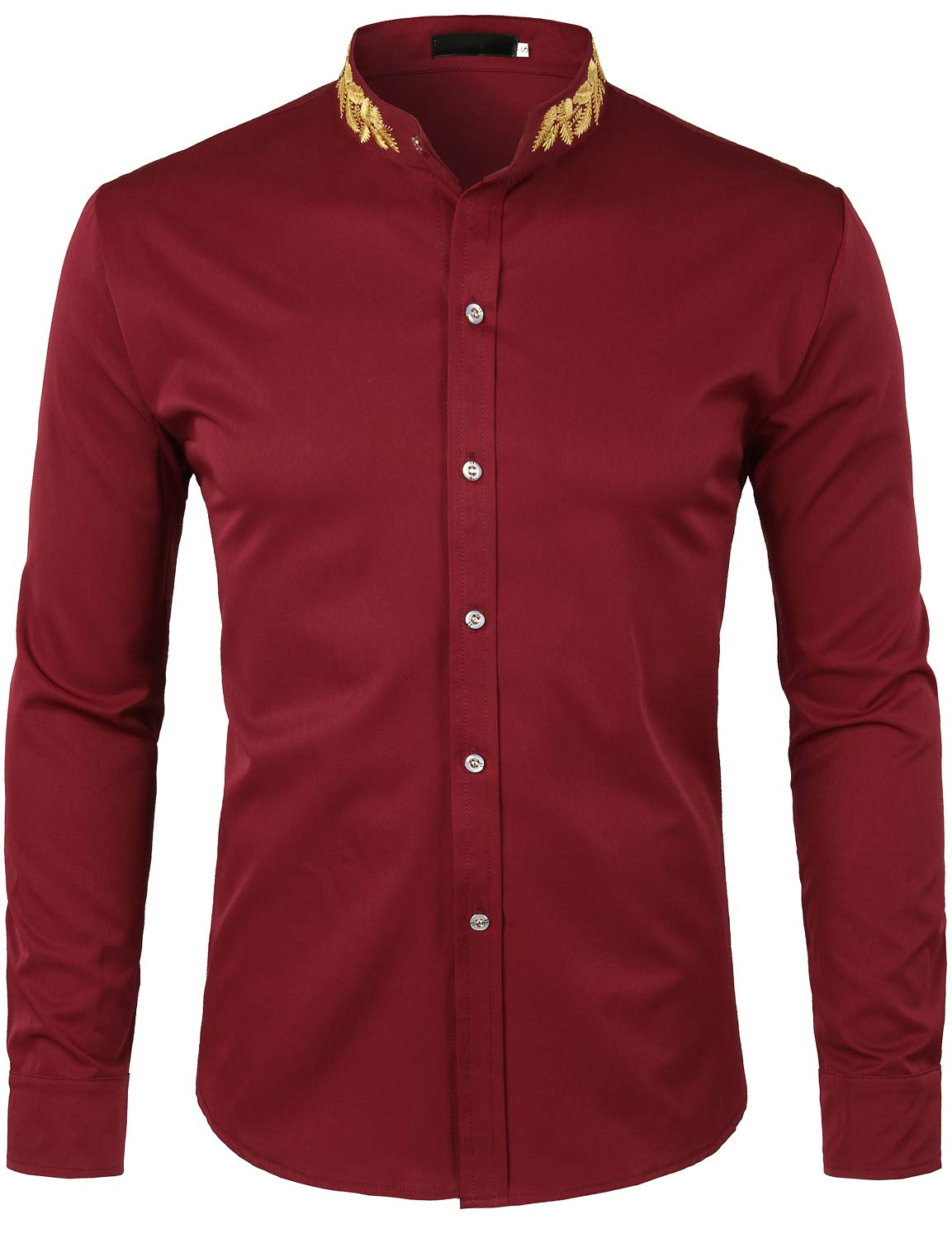 ZEROYAA Mens Hipster Gold Embroidery Mandarin Collar Slim Fit Long Sleeve Casual Dress Shirts Z52 Wine Red XX-Large