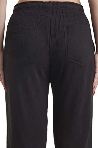 J CE Women's Cotton Gauze Low Waist Beach Pants with Pockets (Black, L)