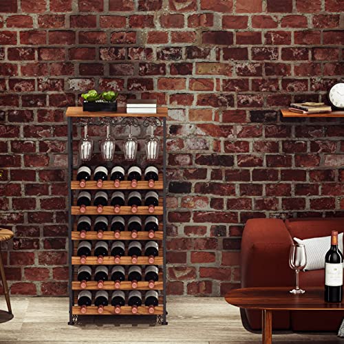 X-cosrack Rustic 30 Bottles Floor Wine Rack Shelf with Wine Glass Holder Rack, Freestanding Wobble-Free 6 Tier Wine Bottle Organizer Display Storage Stand for Kitchen Pantry Patent Pending