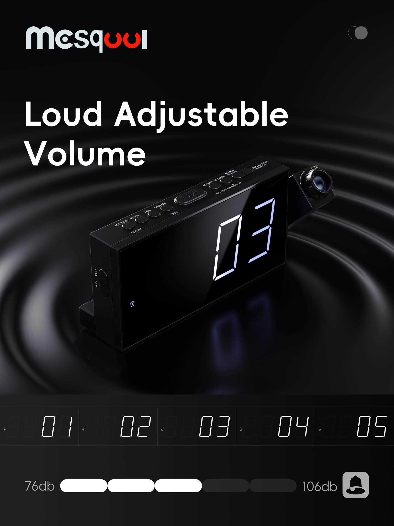 Projection Digital Alarm Clock with Bed Shaker for Bedroom, Extra Loud Alarm Clock for Heavy Sleeper, 180° Rotable Ceiling Projector Clock,2 Alarm,5 Dimmer Volume,USB Charger, Battery Backup,12/24H…