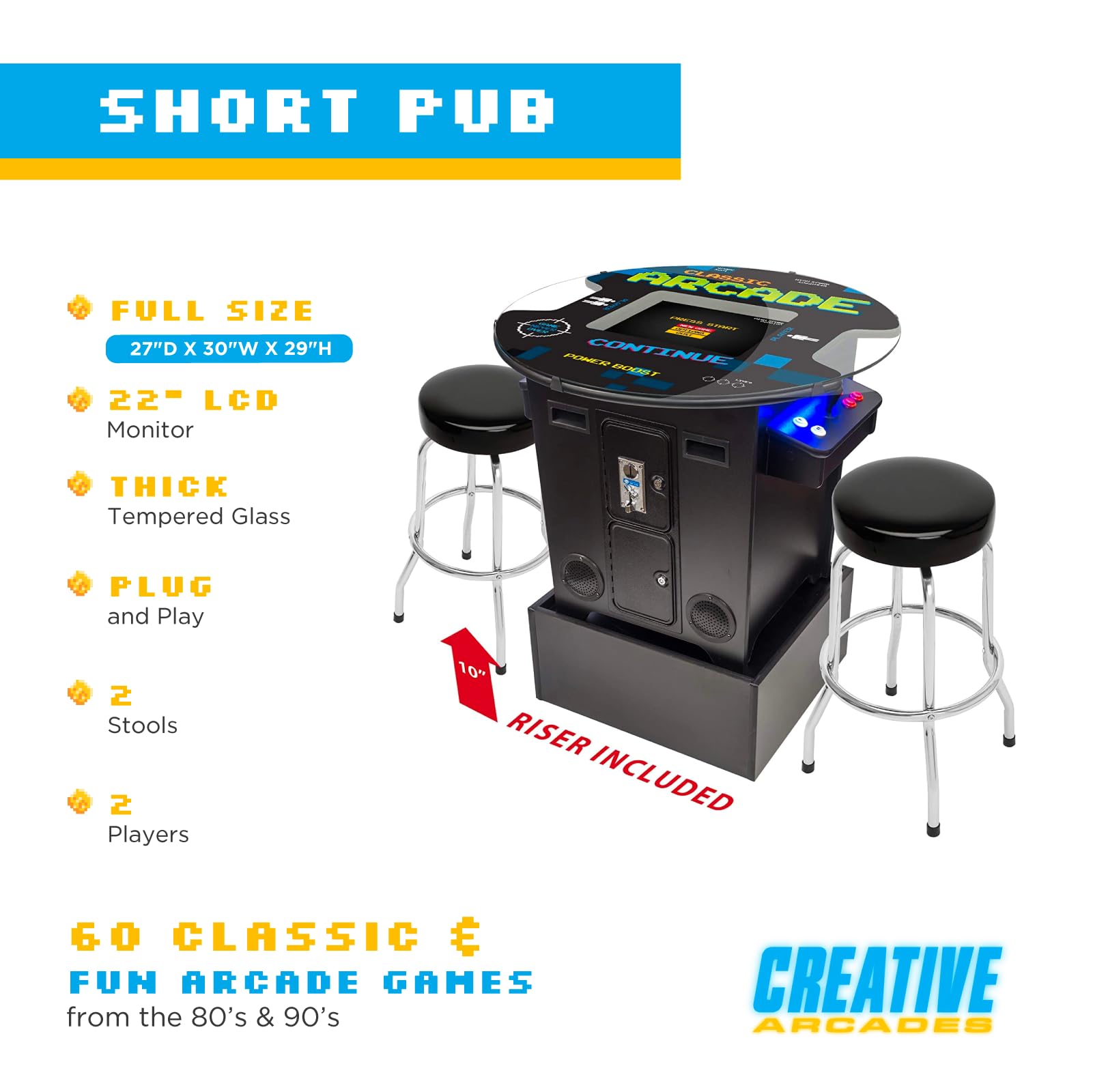Creative Arcades Full Size Commercial Grade Cocktail Arcade Machine w/Base Riser | 2 Player | 60 Games | 22" LCD Screen | Round Glass Top | 2 Sanwa Joysticks | 2 Stools Included | 3 Year Warranty