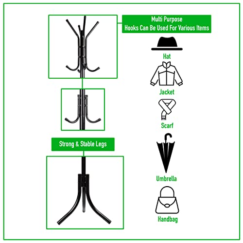 Mind Reader COATRACK11 Standing Metal Coat Rack Hat Hanger 11 Hook for Jacket, Purse, Scarf, Umbrella Tree Stand, Black