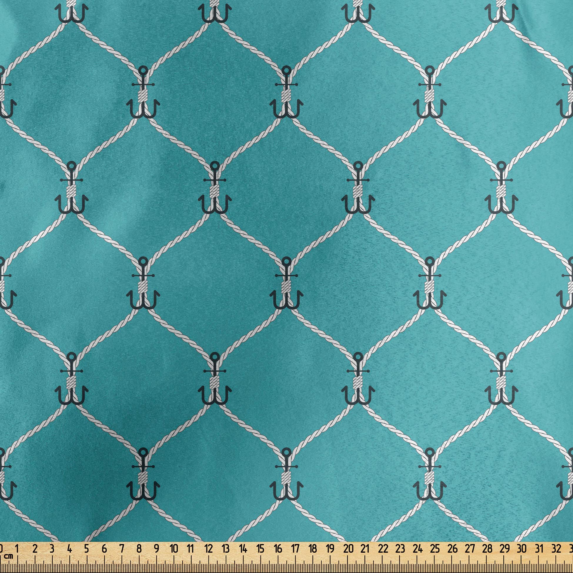 Lunarable Nautical Fabric by The Yard, Tied Navy with Small Anchors Pattern in Axis Fishnet Mesh Knot Marine Illustration, Decorative Satin Fabric for Home Textiles and Crafts, 1 Yards, Blue