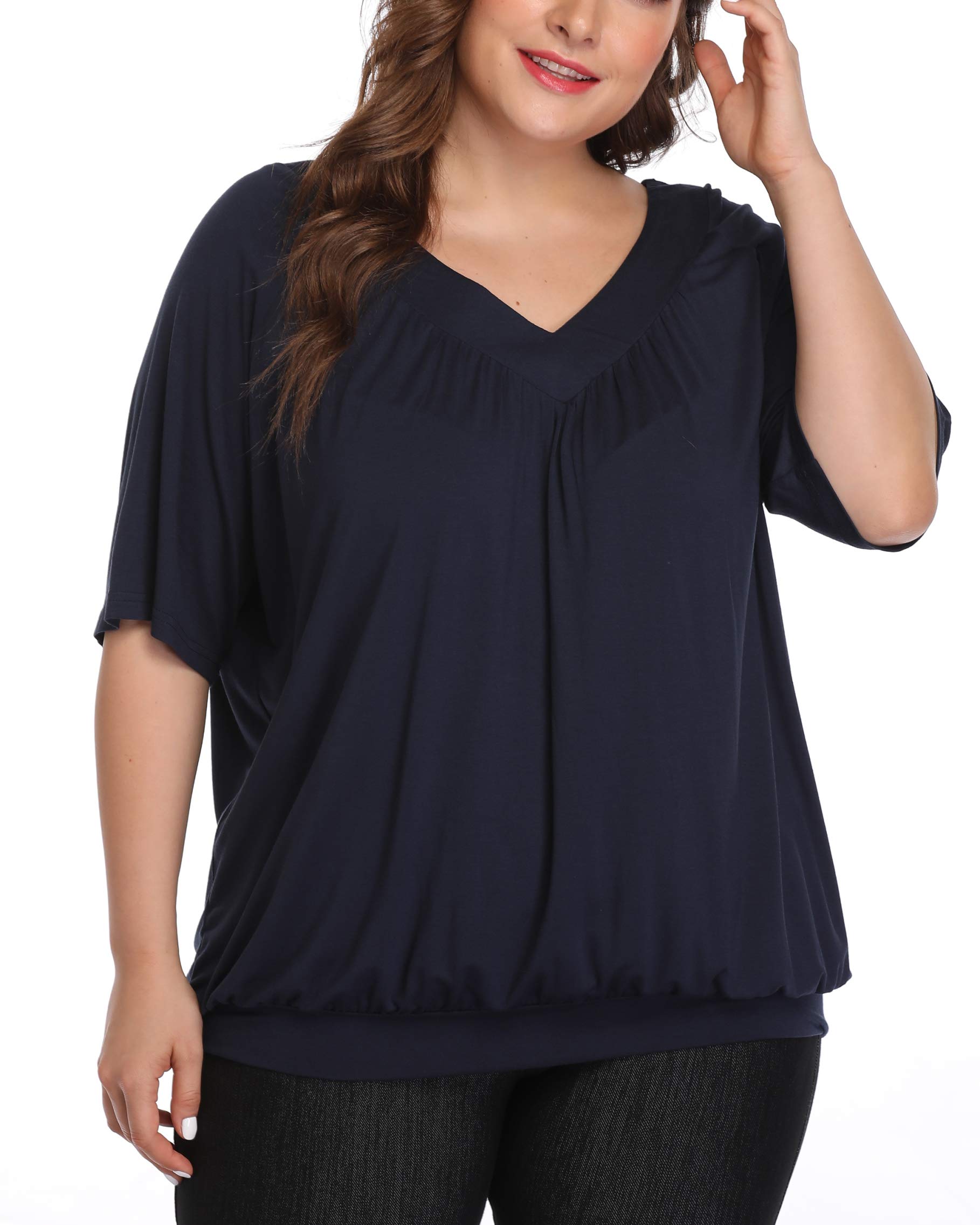 andy & natalie Women's Plus Size Tops Pleated V Neck Loose Baggy Blouse T Shirts Blue