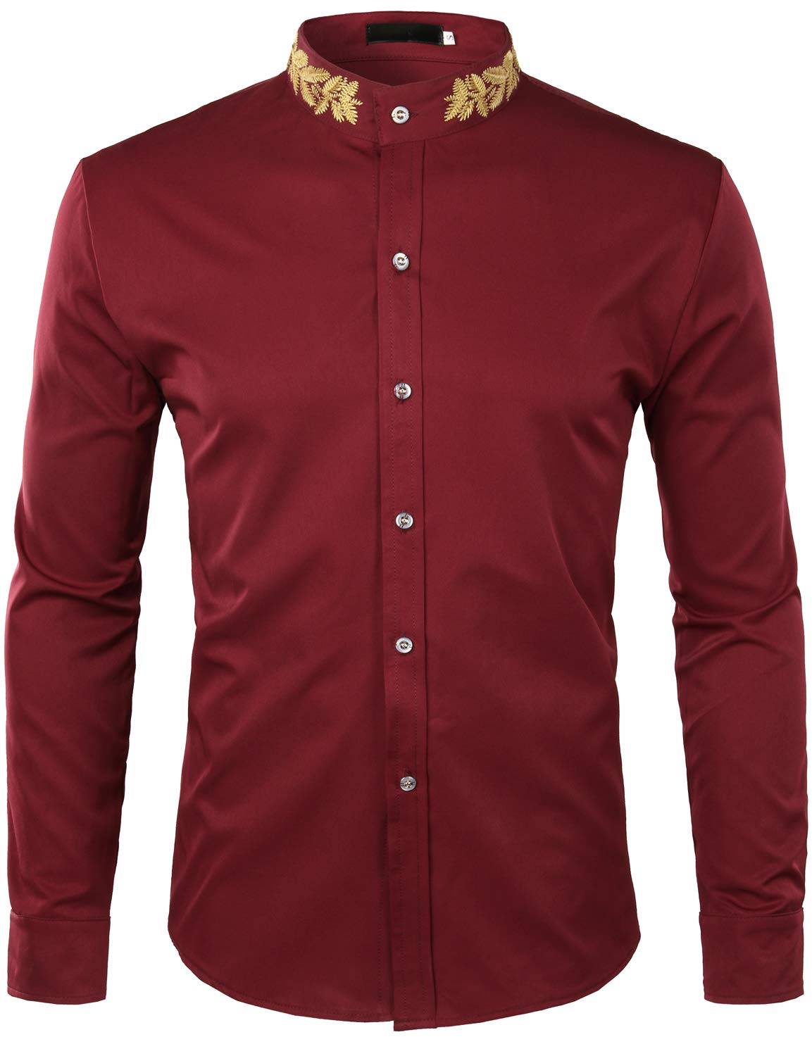 ZEROYAA Mens Hipster Gold Embroidery Mandarin Collar Slim Fit Long Sleeve Casual Dress Shirts Z52 Wine Red XX-Large