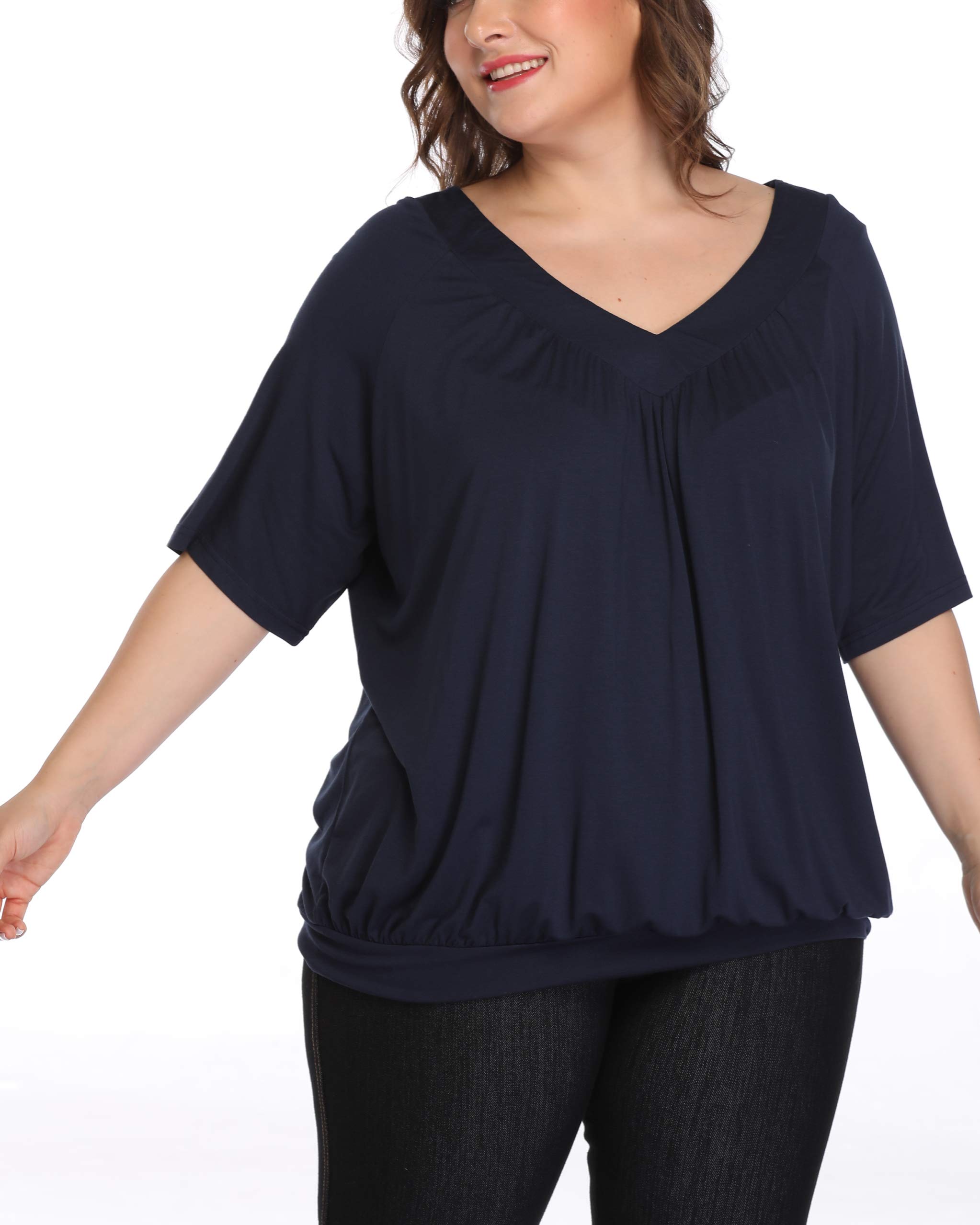 andy & natalie Women's Plus Size Tops Pleated V Neck Loose Baggy Blouse T Shirts Blue