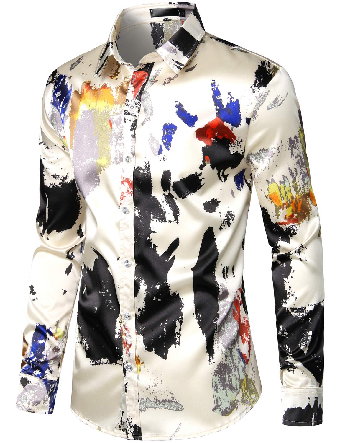ZEROYAA Men's Hipster Splash Ink Design Silk Like Satin Button Down Dress Shirt for Party Prom ZLCL12-Beige X-Large