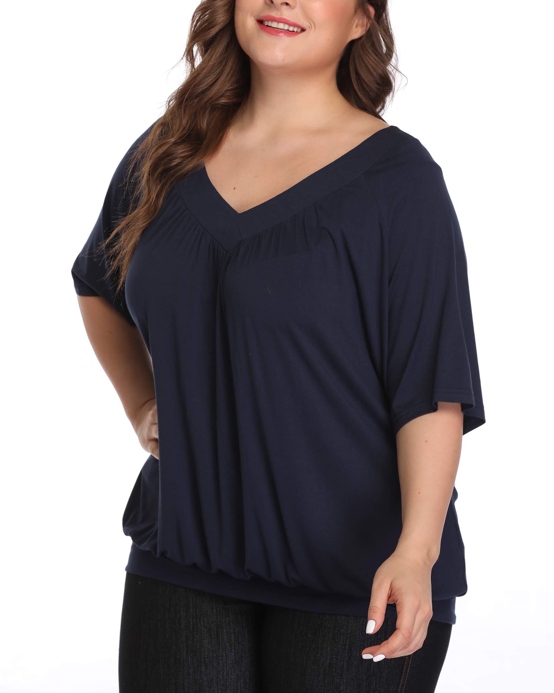 andy & natalie Women's Plus Size Tops Pleated V Neck Loose Baggy Blouse T Shirts Blue