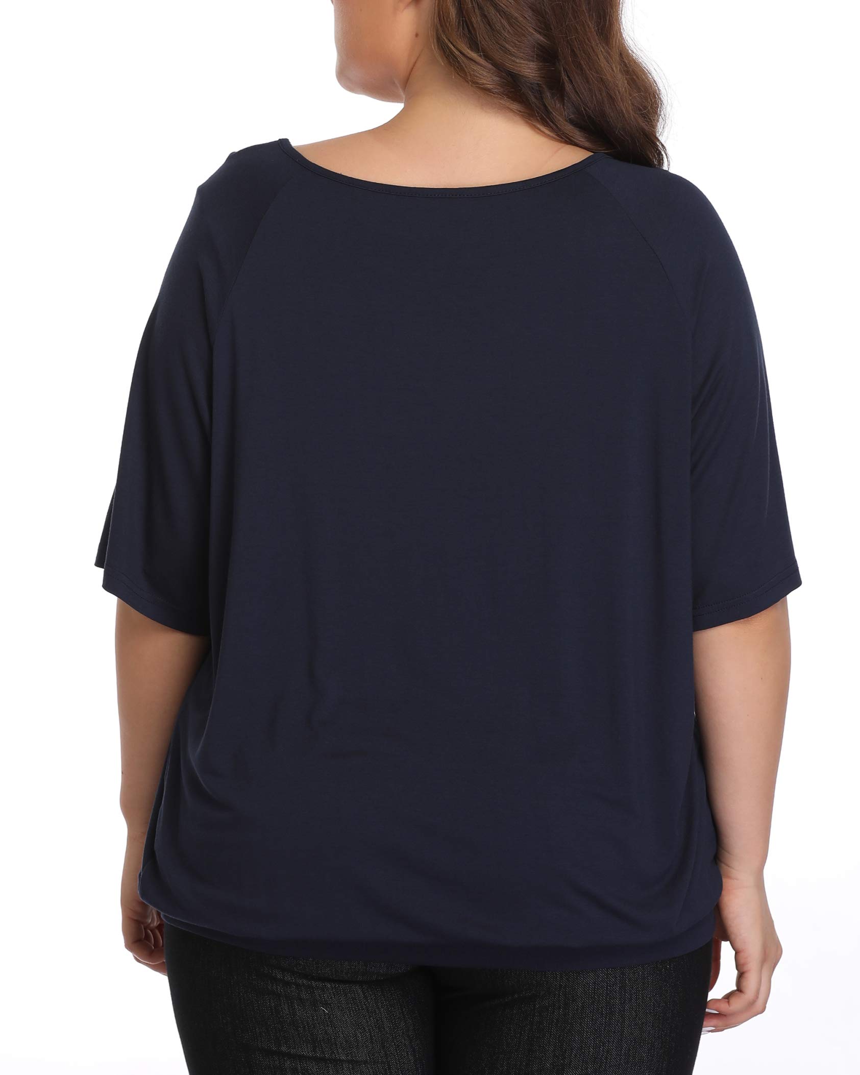 andy & natalie Women's Plus Size Tops Pleated V Neck Loose Baggy Blouse T Shirts Blue
