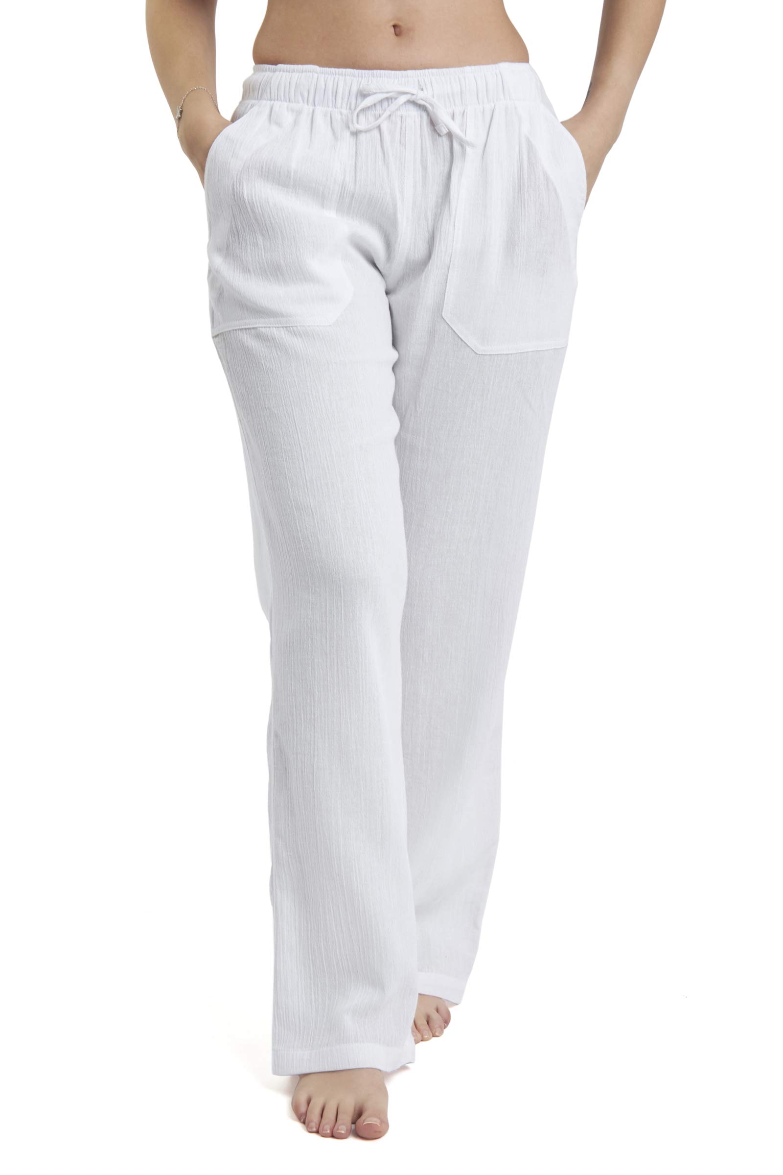J CE Women's Cotton Gauze Low Waist Beach Pants with Pockets (White, XXXL)