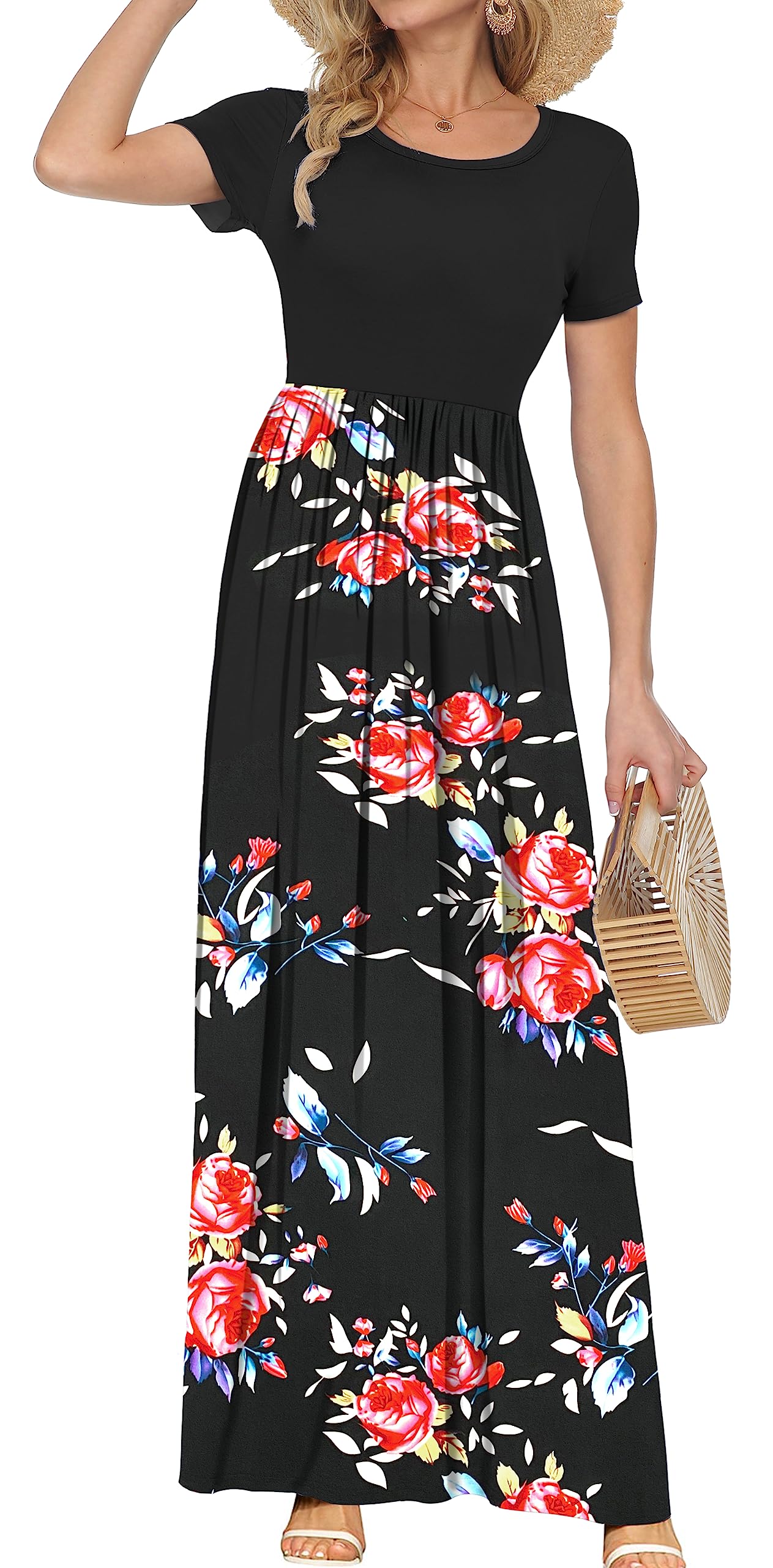 AUSELILY Women's Short Sleeve Loose Plain Casual Long Maxi Dresses for Women 2025 Rose Black 2XL