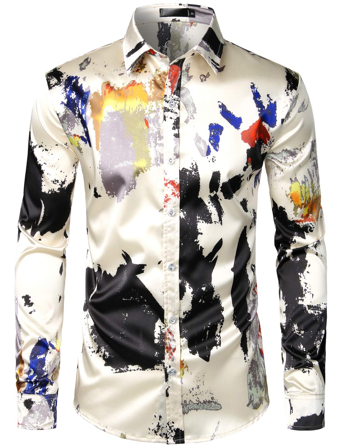 ZEROYAA Men's Hipster Splash Ink Design Silk Like Satin Button Down Dress Shirt for Party Prom ZLCL12-Beige X-Large
