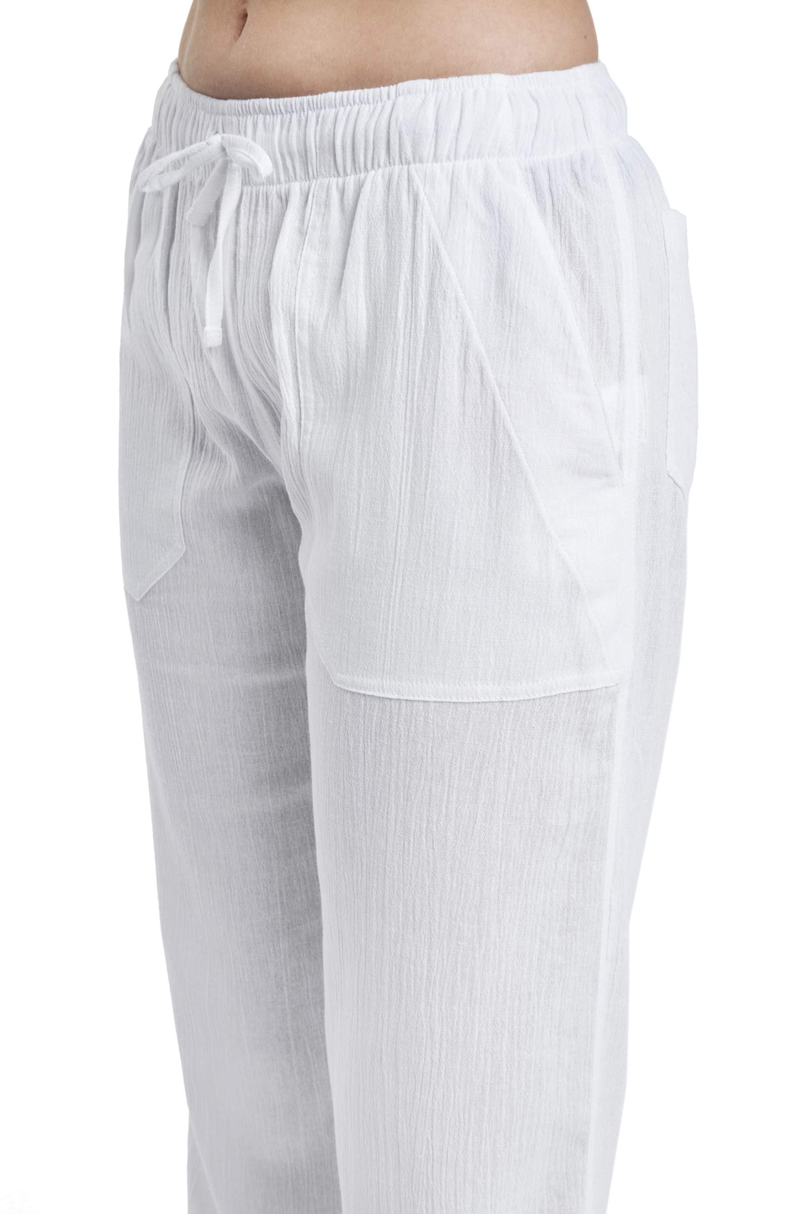 J CE Women's Cotton Gauze Low Waist Beach Pants with Pockets (White, XXXL)