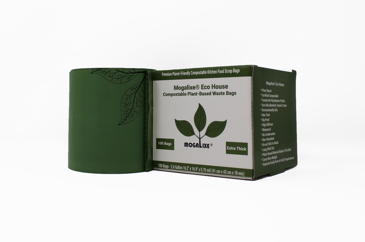 MOGALIXE Compostable Kitchen Compost Bags, 2.6 Gallon, 100 Count, Plant-Based, Extra Thick, ASTM D6400 Rated