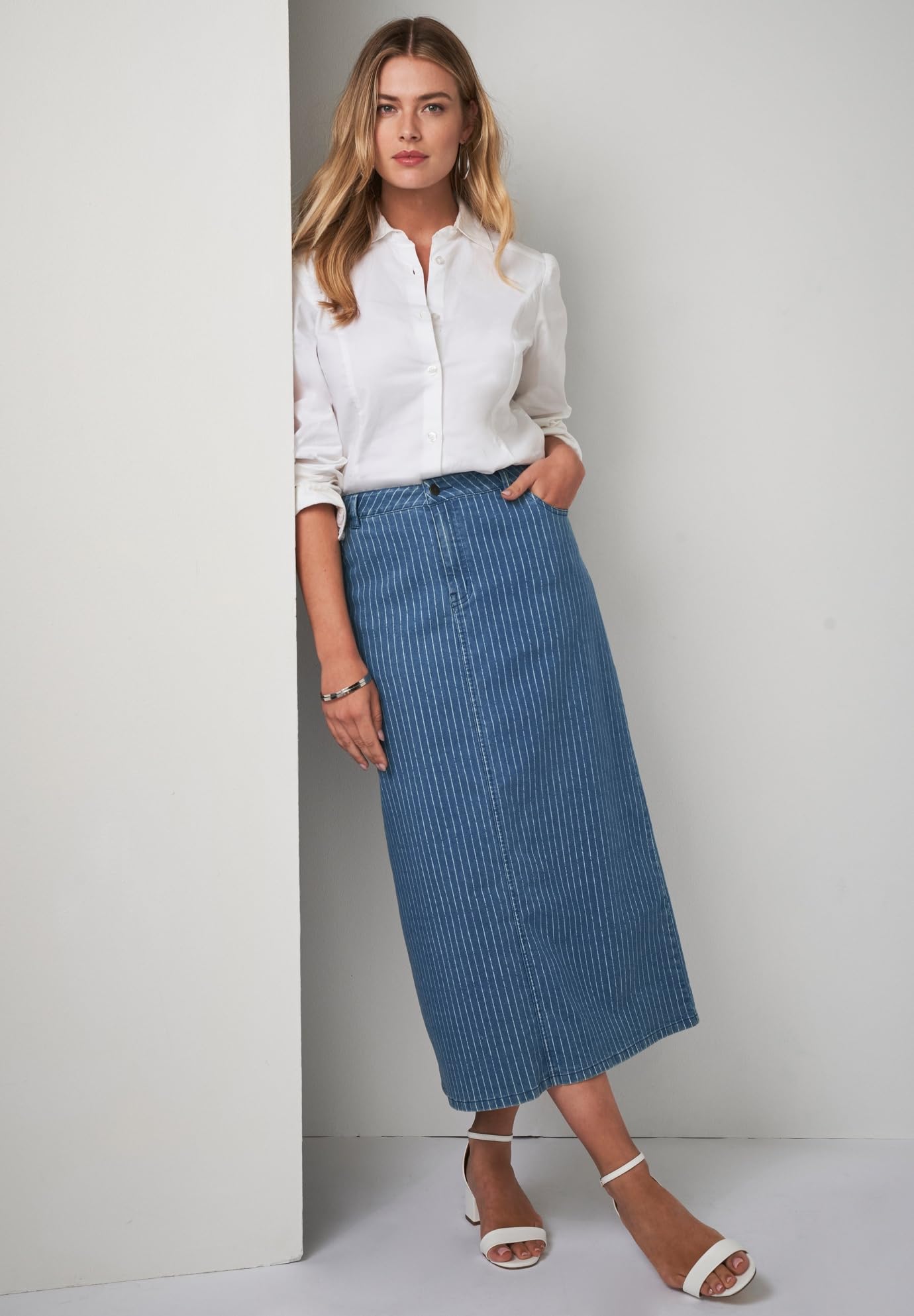 Jessica London Women's Plus Size True Fit Front Button Casual Denim Skirt - 12 W, White