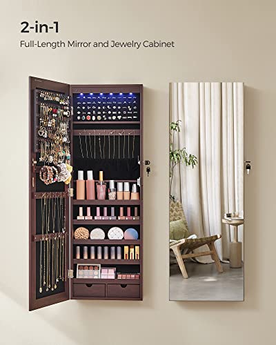 SONGMICS Hanging Jewelry Cabinet, Wall-Mounted Cabinet with LED Interior Lights, Door-Mounted Jewelry Organizer, Full-Length Mirror, Gift Idea, Brown UJJC99BR
