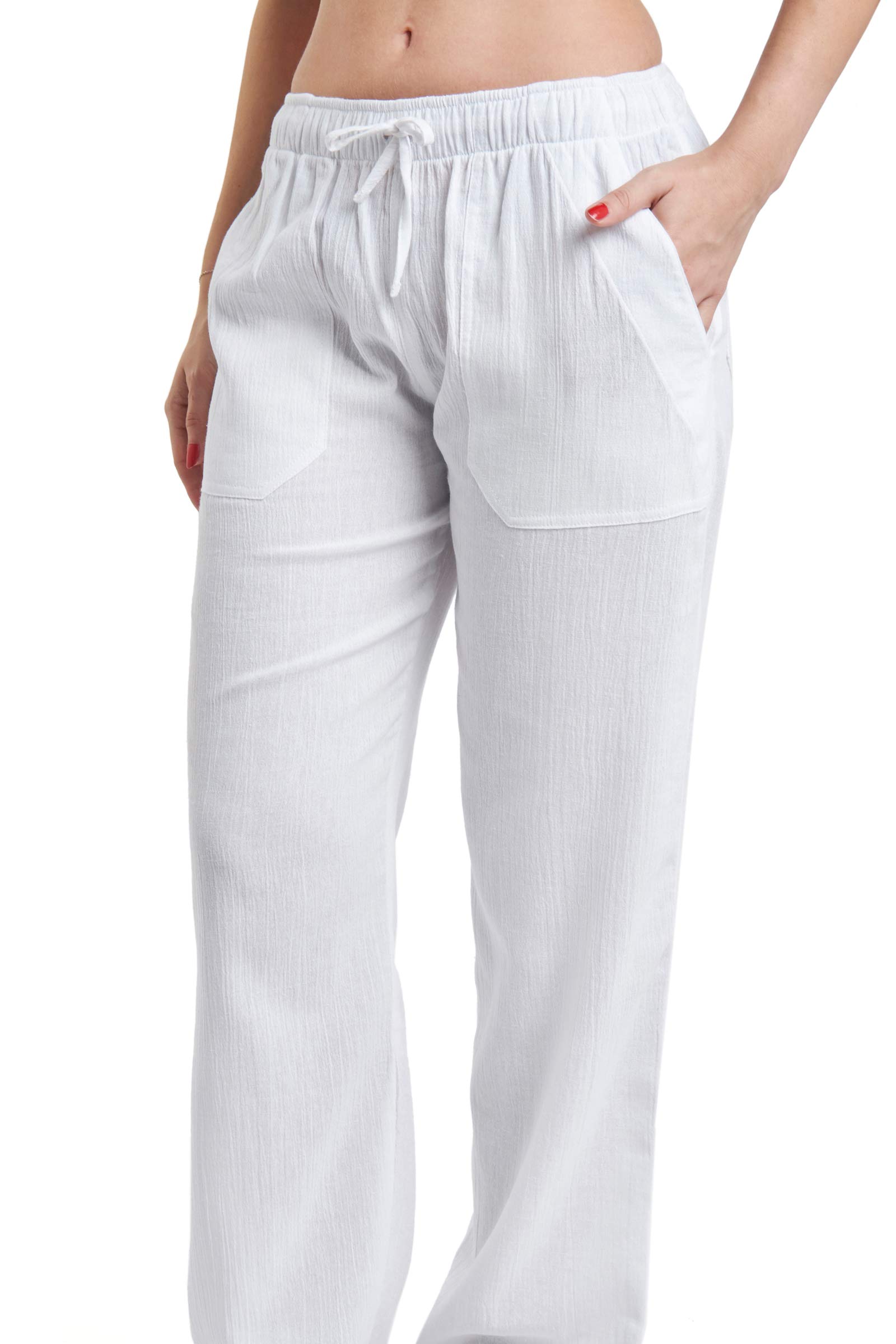 J CE Women's Cotton Gauze Low Waist Beach Pants with Pockets (White, XXXL)
