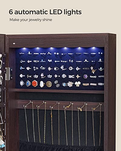 SONGMICS Hanging Jewelry Cabinet, Wall-Mounted Cabinet with LED Interior Lights, Door-Mounted Jewelry Organizer, Full-Length Mirror, Gift Idea, Brown UJJC99BR