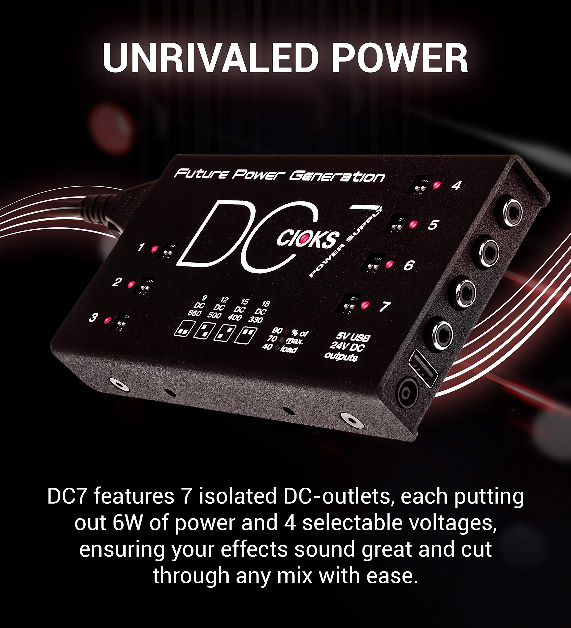 CIOKS DC7 Future Power Generation 9V / 12V / 15V / 18V DC Universal Power Supply with 7 Isolated Outputs and 5V USB Outlet for Effect Pedals