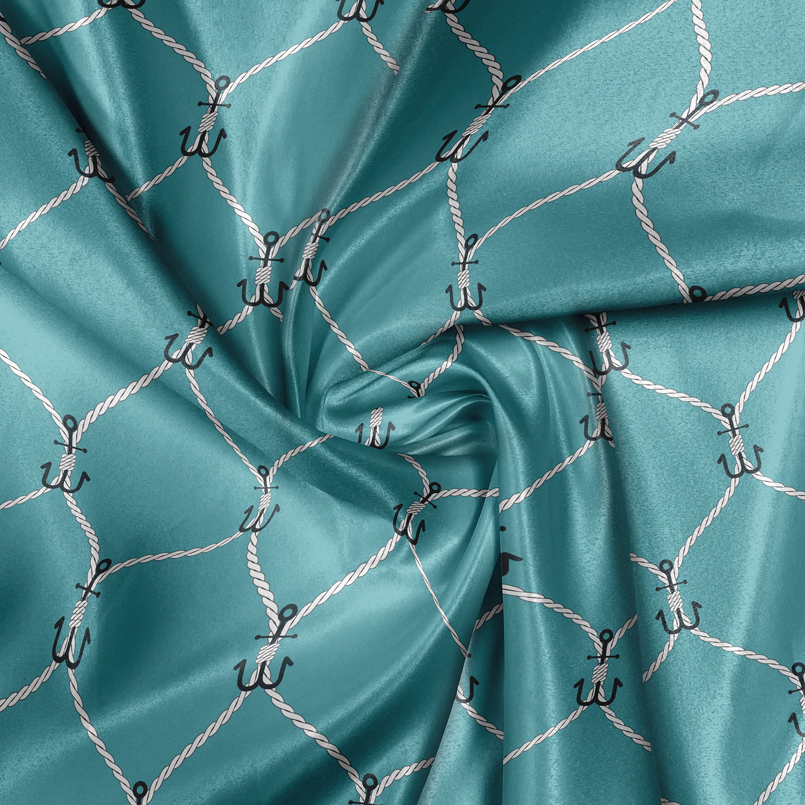 Lunarable Nautical Fabric by The Yard, Tied Navy with Small Anchors Pattern in Axis Fishnet Mesh Knot Marine Illustration, Decorative Satin Fabric for Home Textiles and Crafts, 1 Yards, Blue