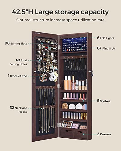 SONGMICS Hanging Jewelry Cabinet, Wall-Mounted Cabinet with LED Interior Lights, Door-Mounted Jewelry Organizer, Full-Length Mirror, Gift Idea, Brown UJJC99BR