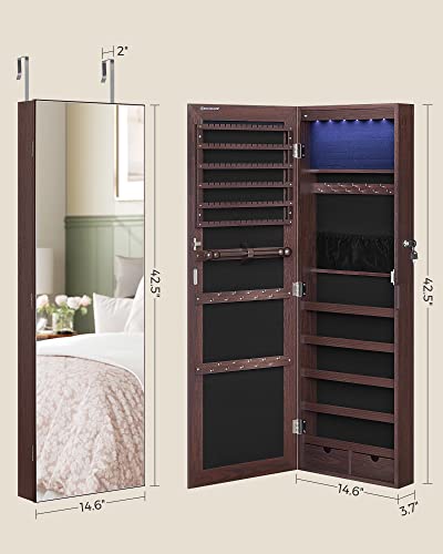 SONGMICS Hanging Jewelry Cabinet, Wall-Mounted Cabinet with LED Interior Lights, Door-Mounted Jewelry Organizer, Full-Length Mirror, Gift Idea, Brown UJJC99BR