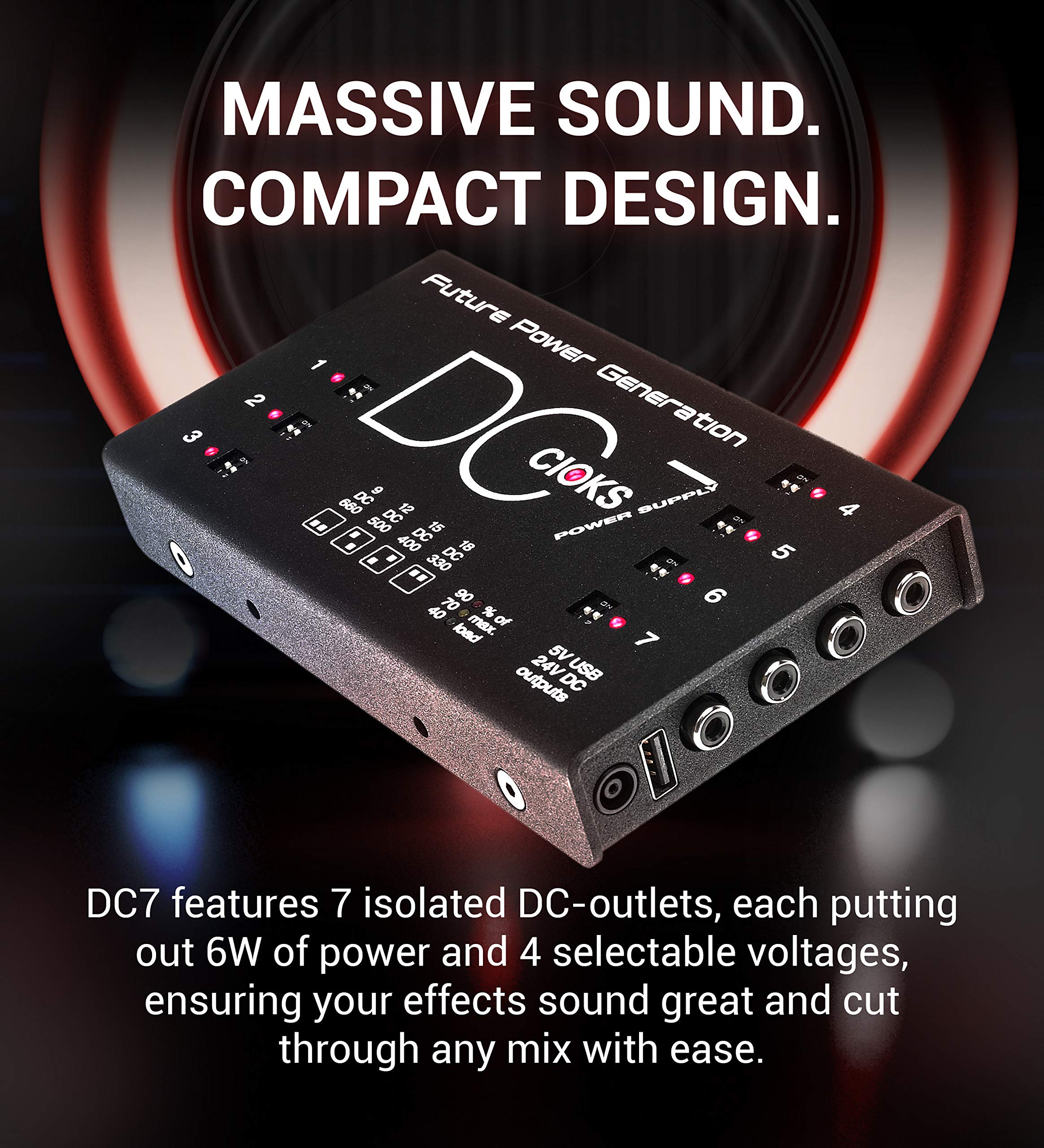 CIOKS DC7 Future Power Generation 9V / 12V / 15V / 18V DC Universal Power Supply with 7 Isolated Outputs and 5V USB Outlet for Effect Pedals