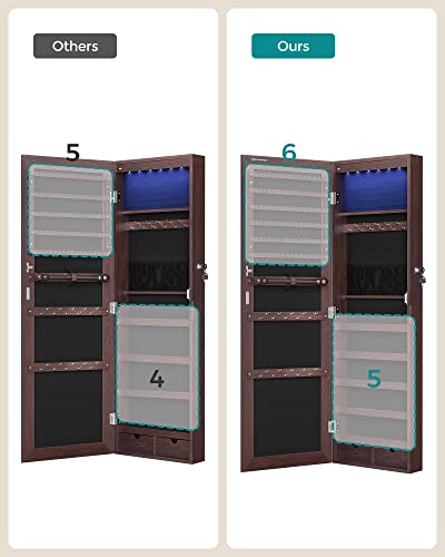SONGMICS Hanging Jewelry Cabinet, Wall-Mounted Cabinet with LED Interior Lights, Door-Mounted Jewelry Organizer, Full-Length Mirror, Gift Idea, Brown UJJC99BR