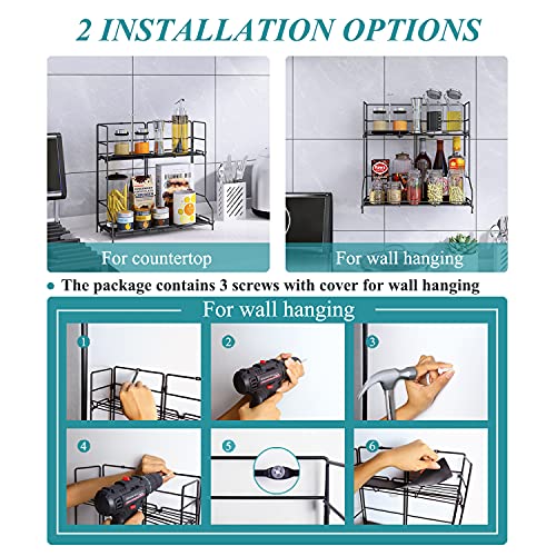 2 Tier Bathroom Organizer Countertop, SAUCE ZHAN Vanity Organizer Countertop with Shelf Liners, Spice Rack Organizer for Kitchen, Counter Storage Shelf for Bathroom Counter, Bedroom, Black