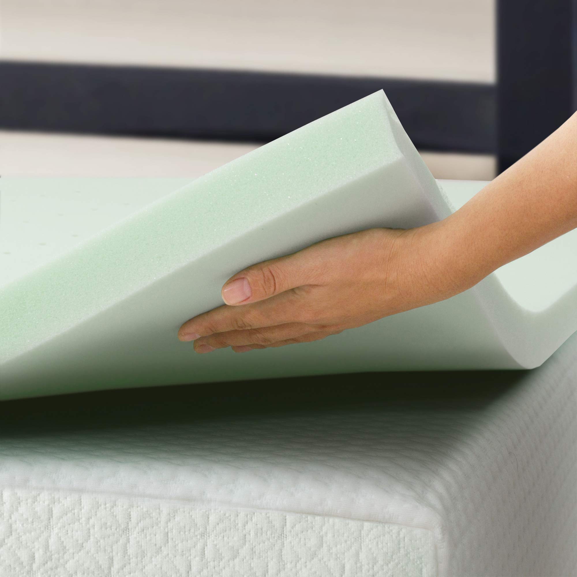Best Price Mattress 1.5 Inch Ventilated Memory Foam Mattress Topper, Calming Green Tea Infusion, CertiPUR-US Certified, Short Queen