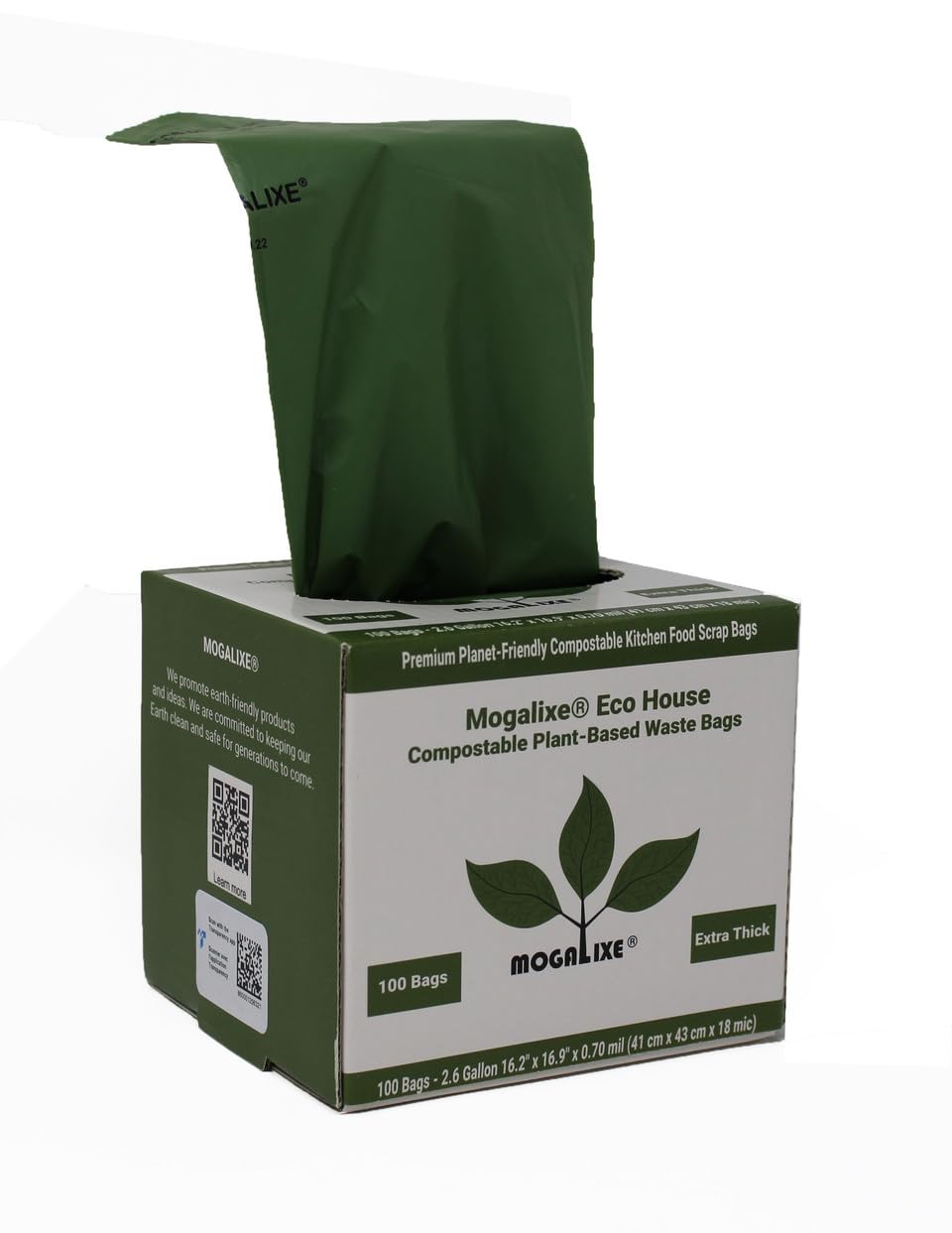 MOGALIXE Compostable Kitchen Compost Bags, 2.6 Gallon, 100 Count, Plant-Based, Extra Thick, ASTM D6400 Rated