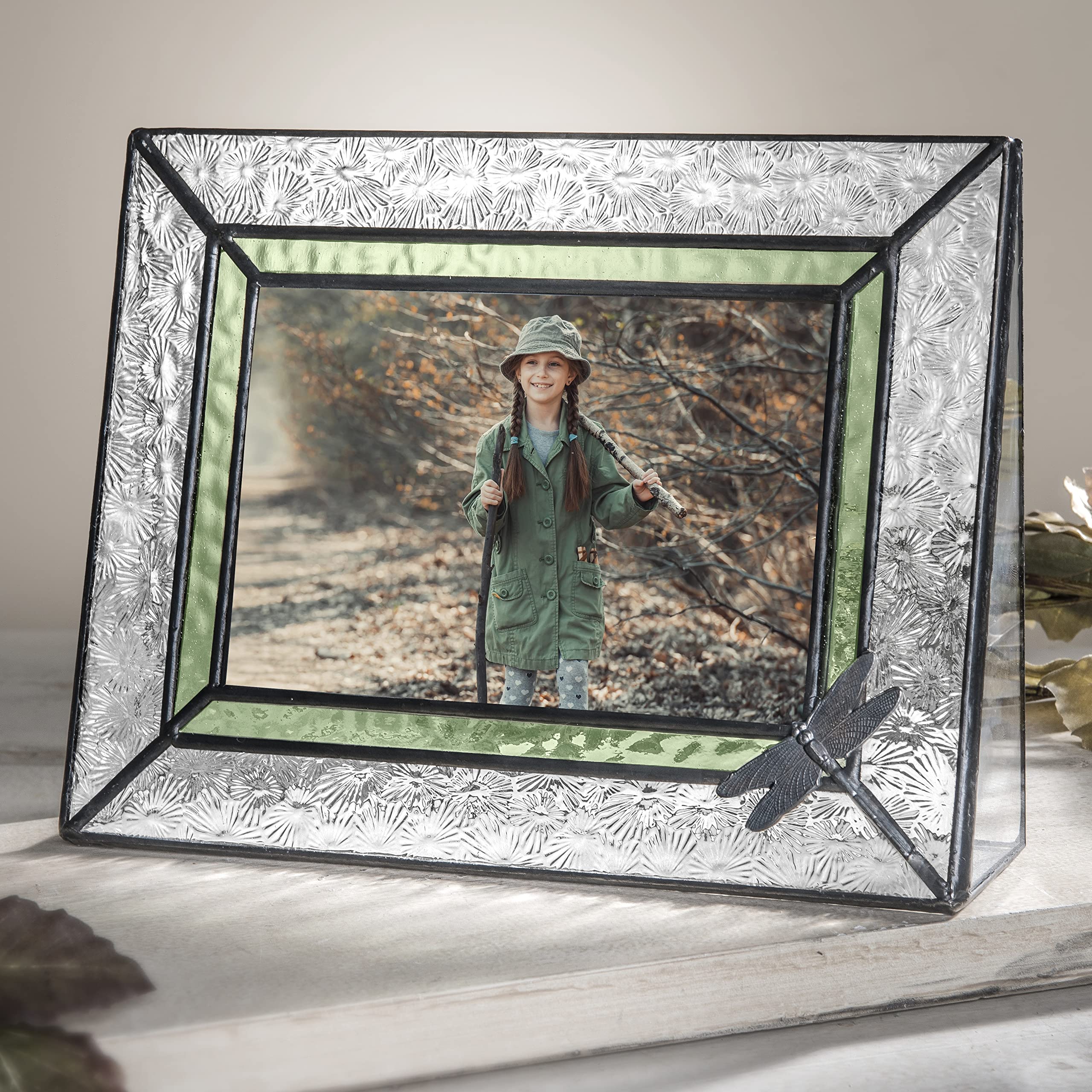 J Devlin Pic 107-46H Dragonfly Picture Frame Tabletop 4x6 Horizontal Photo Frame Sage Green Stained Glass