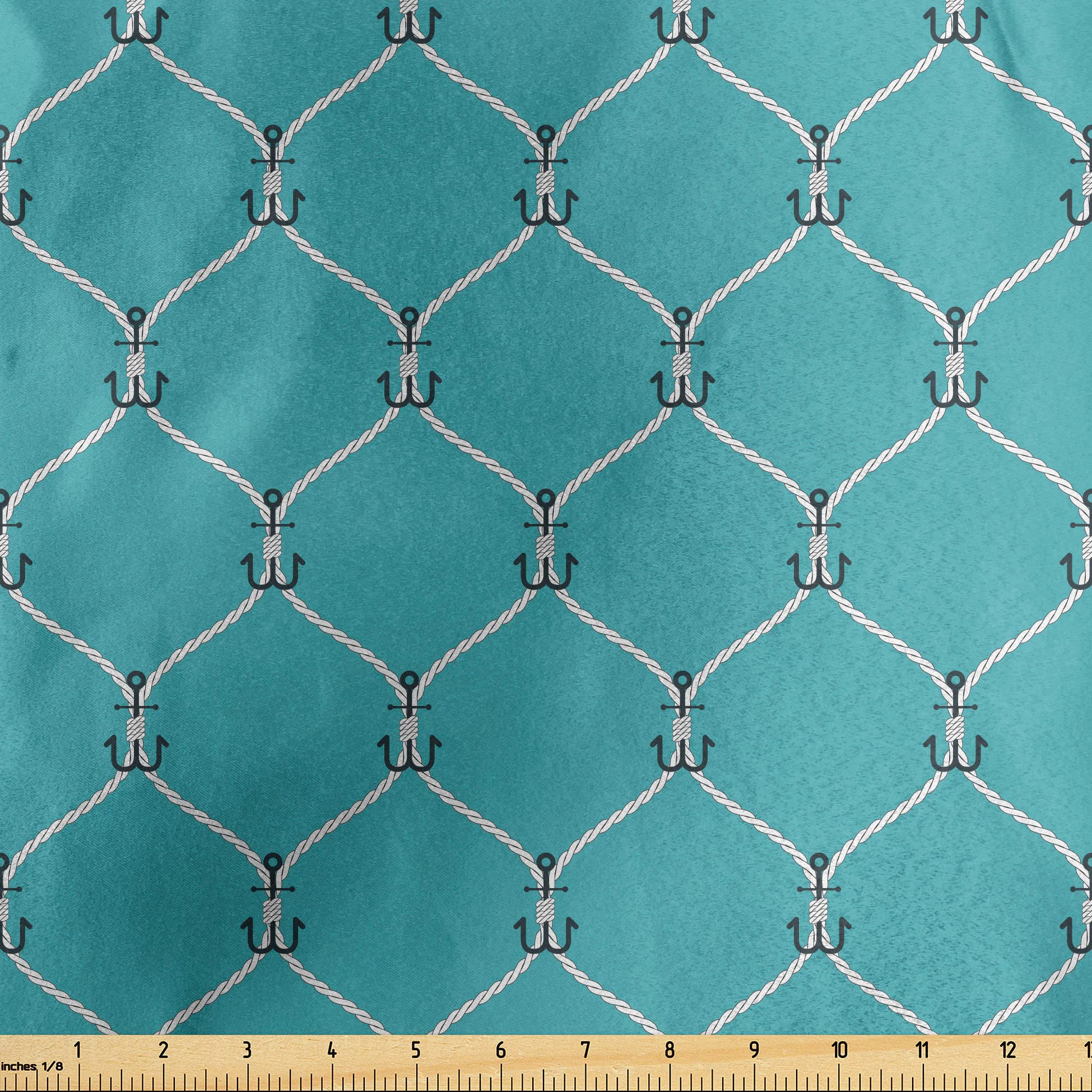 Lunarable Nautical Fabric by The Yard, Tied Navy with Small Anchors Pattern in Axis Fishnet Mesh Knot Marine Illustration, Decorative Satin Fabric for Home Textiles and Crafts, 1 Yards, Blue