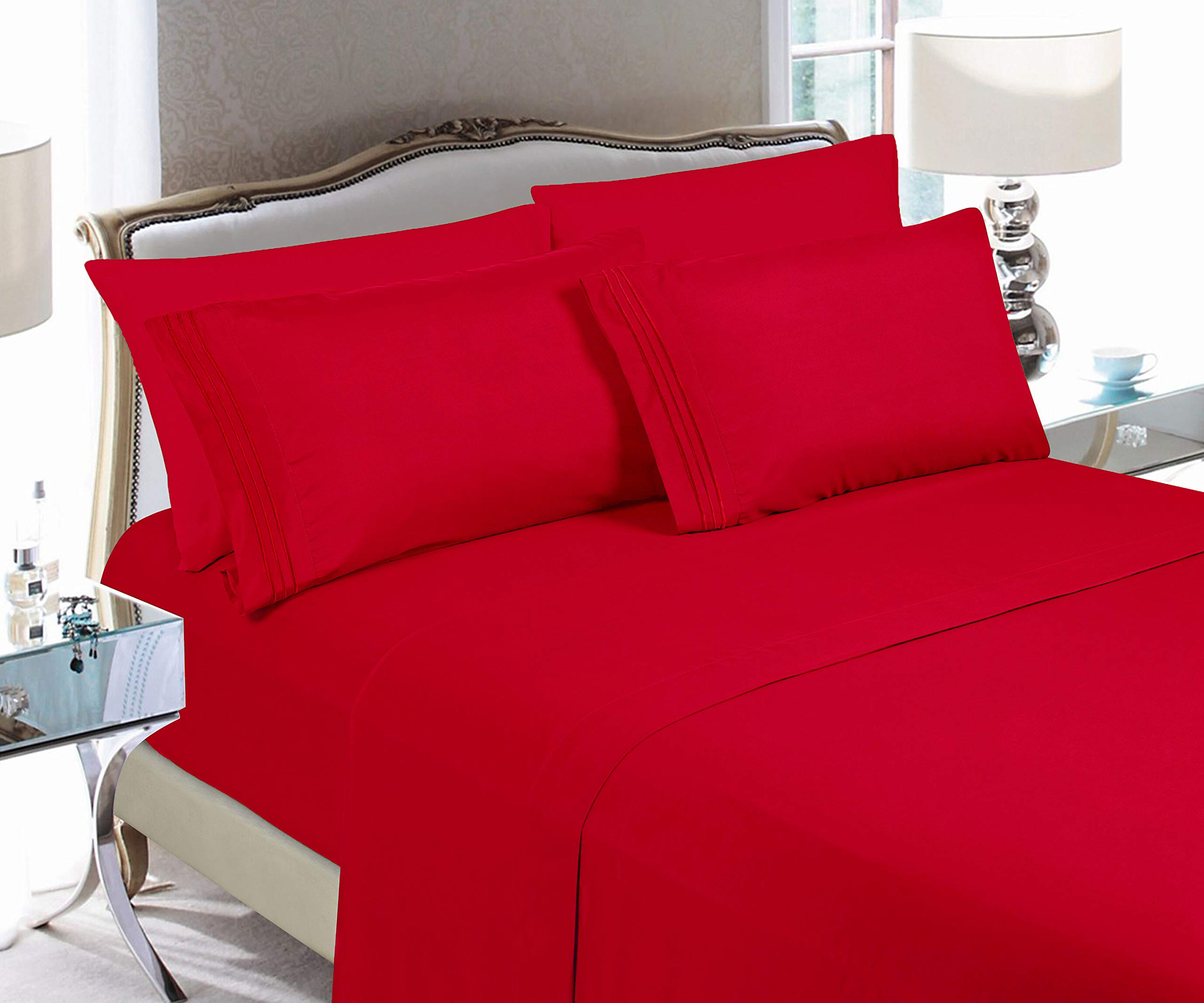 Elegant Comfort Luxury 4-Piece Bed Sheet Set - Luxury Bedding 1500 Premium Hotel Quality Microfiber, Wrinkle Resistant Cool & Breathable, Easy Elastic Fitted, Full, Red