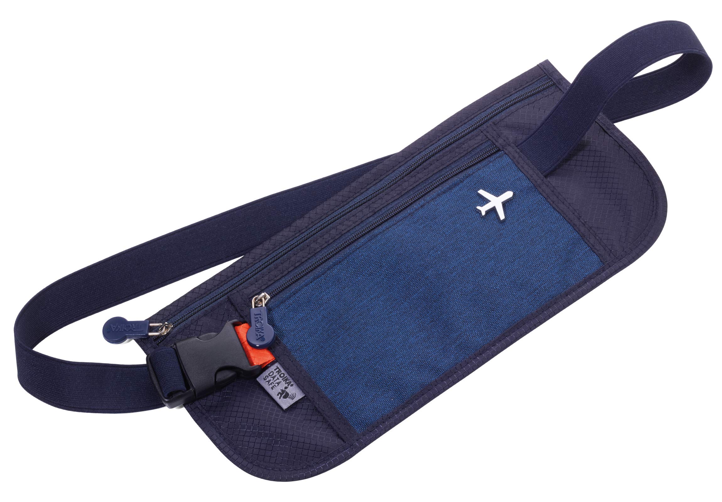 TROIKA SICHERHEITSGURT – BLB20/DB – Belt bag + 2 zipper compartments – money belt –fraud prevention (RFID chips) – for tickets, passport, ID card, driving license, boarding cards – TROIKA-original