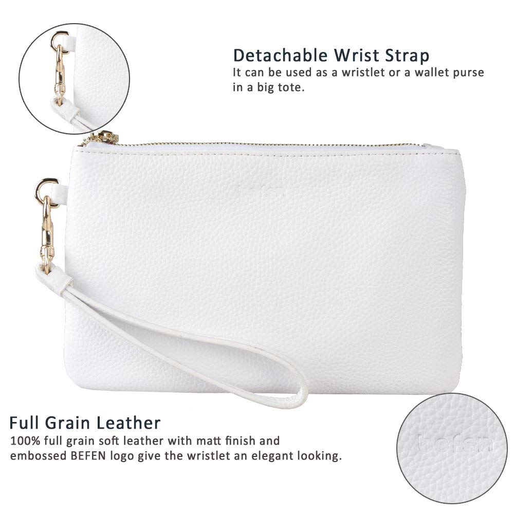 befen Genuine Leather White Wristlet Clutch Cell Phone Wallet Purse for Women, Smartphone Wristlet Bag Purses and Handbags - Fit iPhone 14 Pro Max