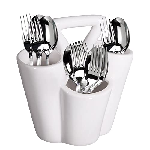 Farmhouse Decor 4 Section Ceramic Silverware Holder - Flatware and Cutlery Caddy - Kitchen Table Organizer (White)