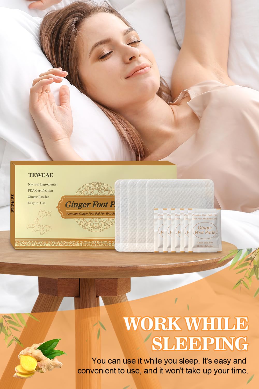 TEWEAE Foot Pads, Ginger Foot Pads, Natural Ginger Powder Bamboo Vinegar Foot Patches 20 Packs.