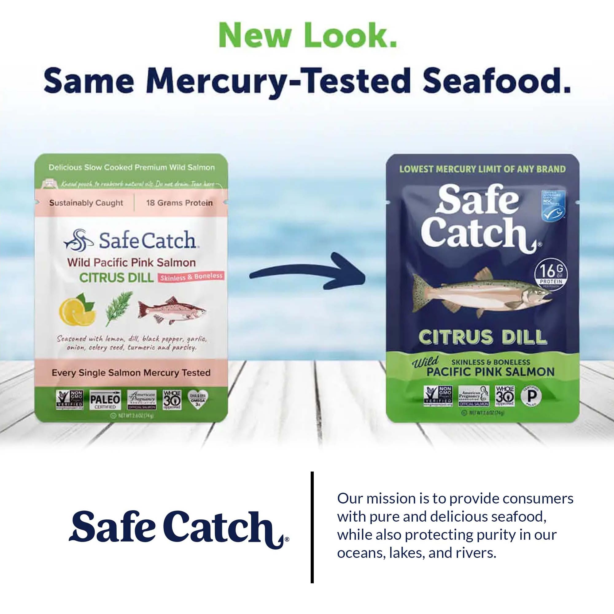 Safe Catch Skinless and Boneless Wild Pacific Pink Salmon Pouch, Citrus Dill Seasoned, Mercury Tested, Kosher, 2.6oz Pouches, Pack of 12