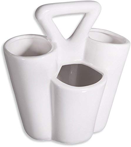 Farmhouse Decor 4 Section Ceramic Silverware Holder - Flatware and Cutlery Caddy - Kitchen Table Organizer (White)