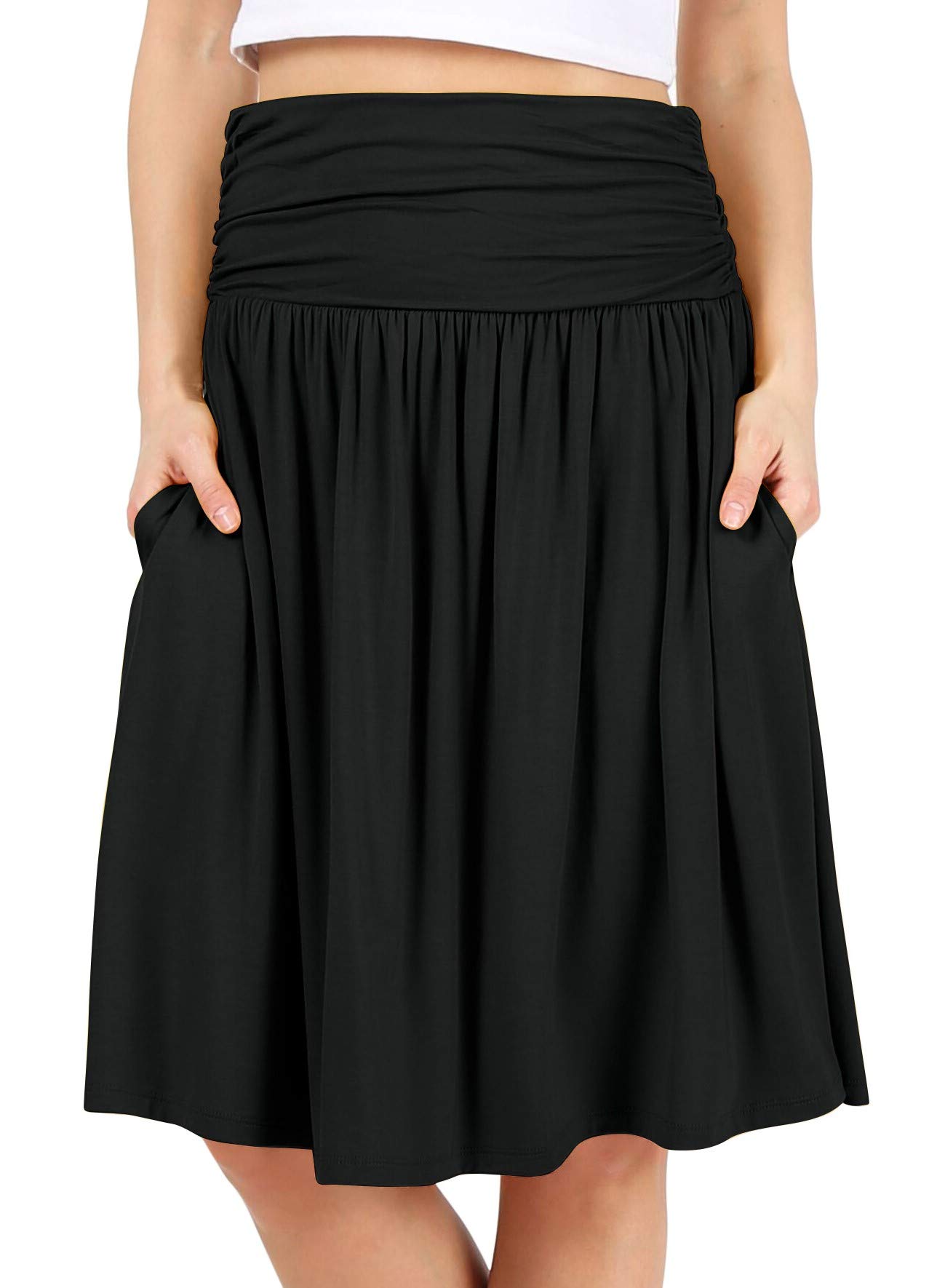 Black Skirts for Women Knee Length High Waisted Black Skirt Flowy Skirt Black Aline Skirt Black Pocket Skirt (Size XX-Large, Black)