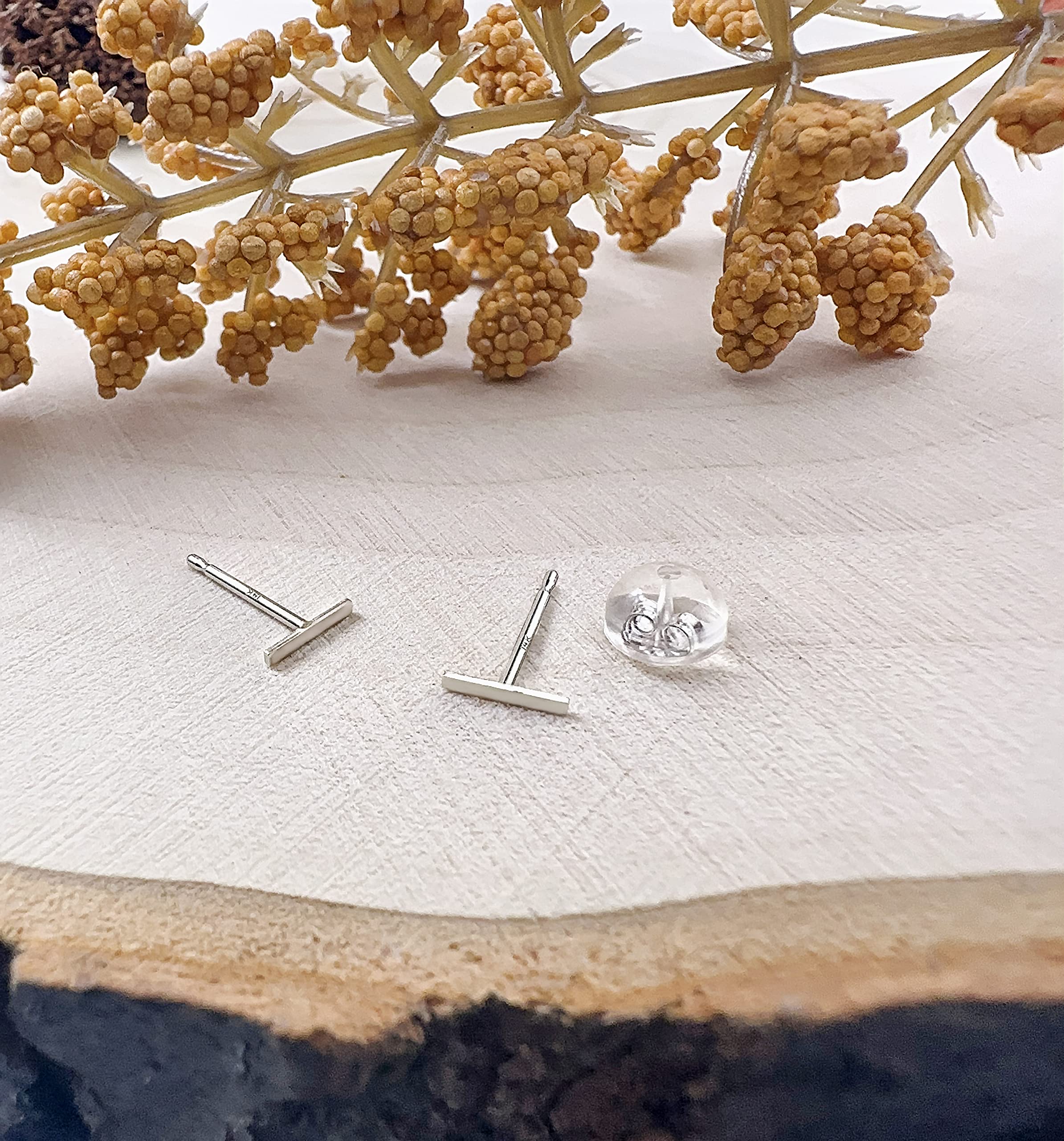 Hoberta Real 14K Solid Gold Tiny Line Bar Stud Earrings for Women & Girls - Hypoallergenic for Sensitive Ears, Small & Minimalist Jewelry for Gifts (Small Line White Gold)